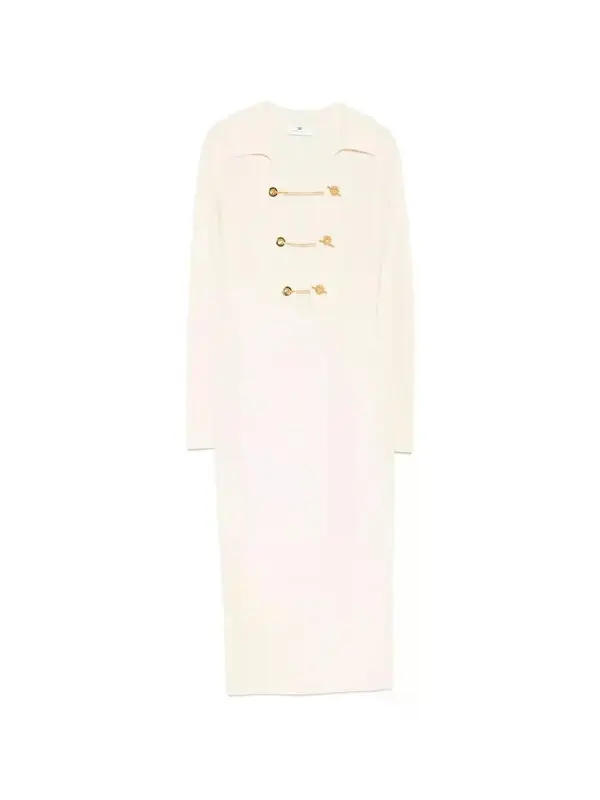 Elisabetta Franchi Ribbed V-neck Midi Dress With Gold-tone Chain Detail - Neutrals