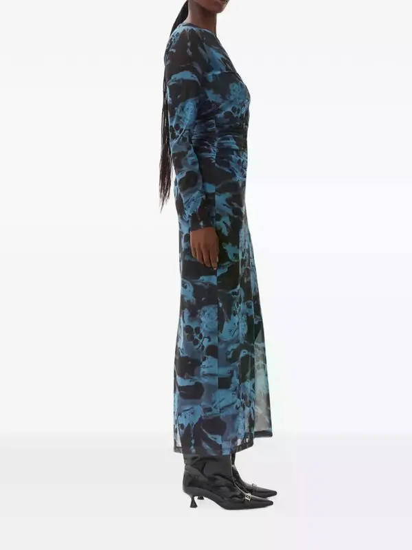 GANNI Printed-mesh O-neck Ruched Long Dress