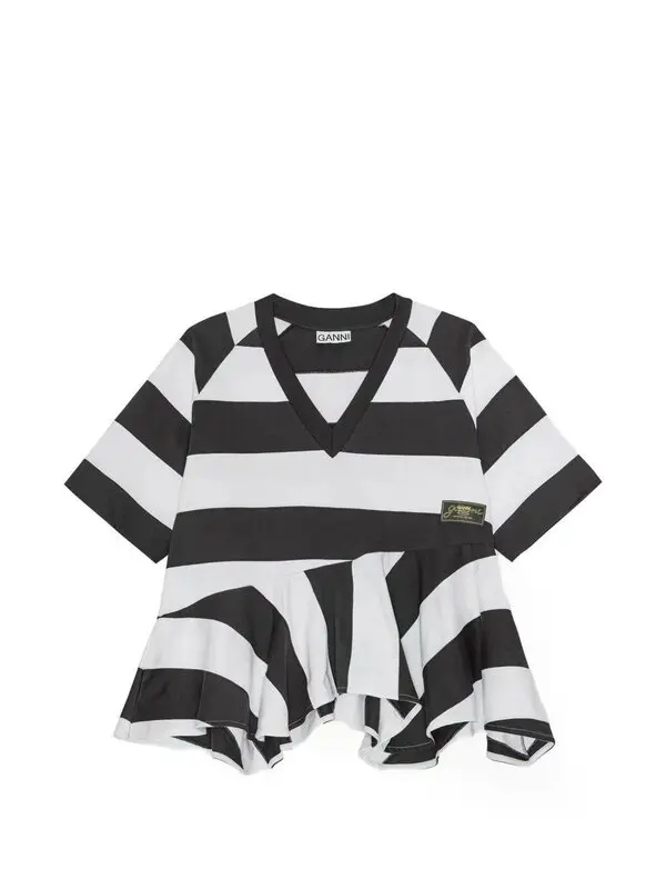 GANNI Striped Cotton V-neck T-shirt With Peplum Hem - Black