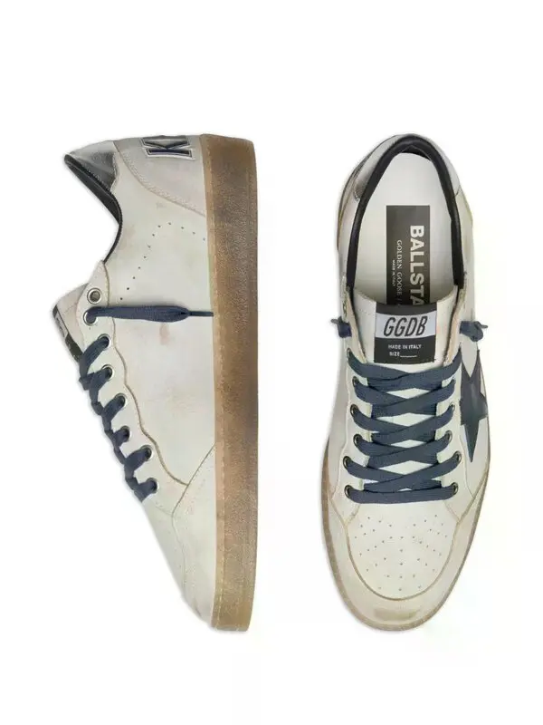 GOLDEN GOOSE Ball Star Leather Sneakers With Dark Blue Star And Silver Laminated Heel Tab - White