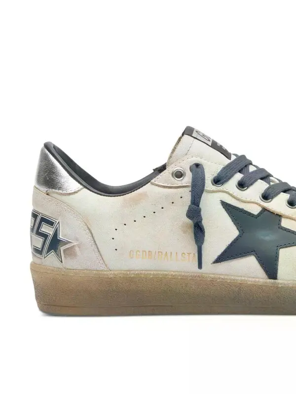 GOLDEN GOOSE Ball Star Leather Sneakers With Dark Blue Star And Silver Laminated Heel Tab - White