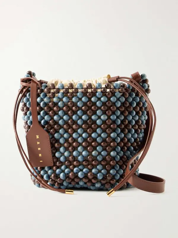 Marni Leather-trimmed Beaded Wood And Canvas Tote - Brown