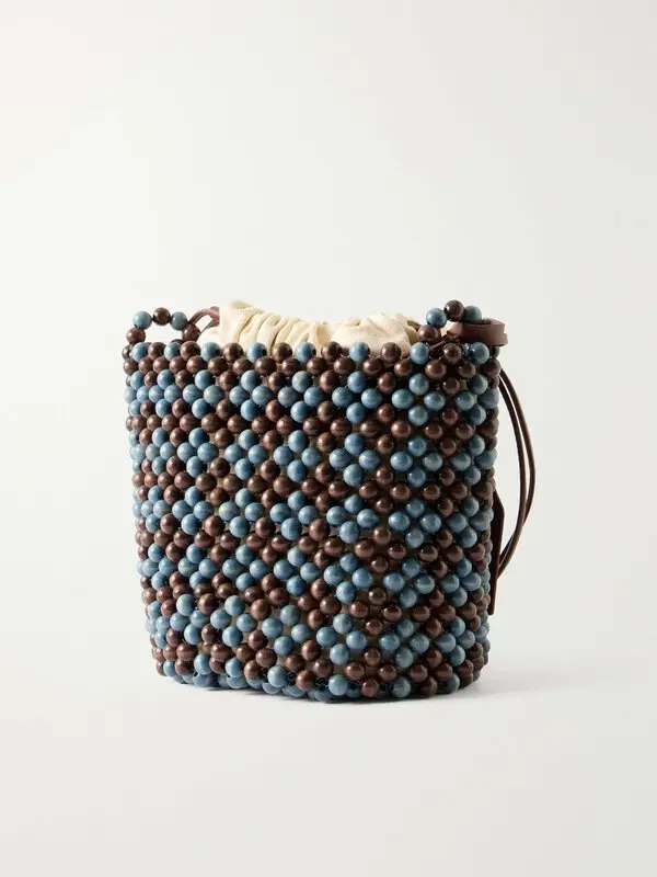 Marni Leather-trimmed Beaded Wood And Canvas Tote