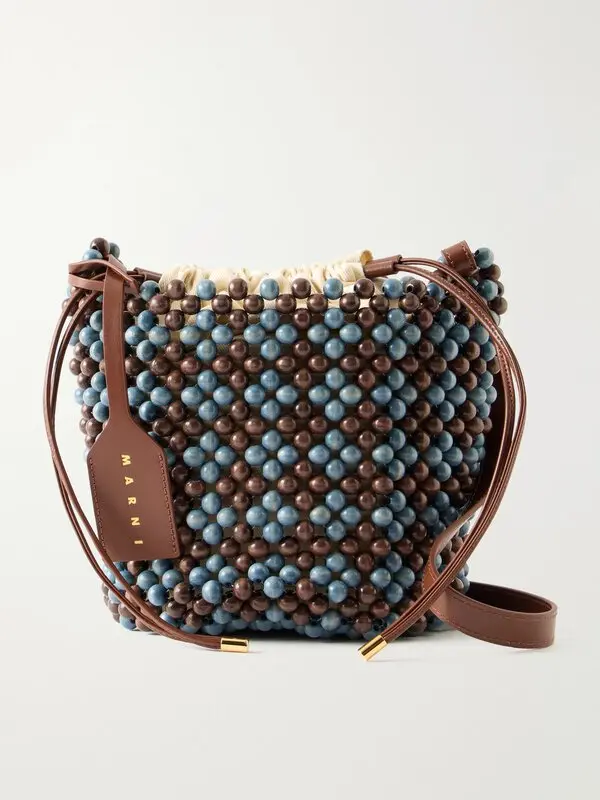 Marni Leather-trimmed Beaded Wood And Canvas Bucket Bag - Brown