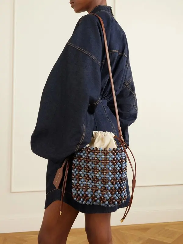 Marni Leather-trimmed Beaded Wood And Canvas Bucket Bag - Brown