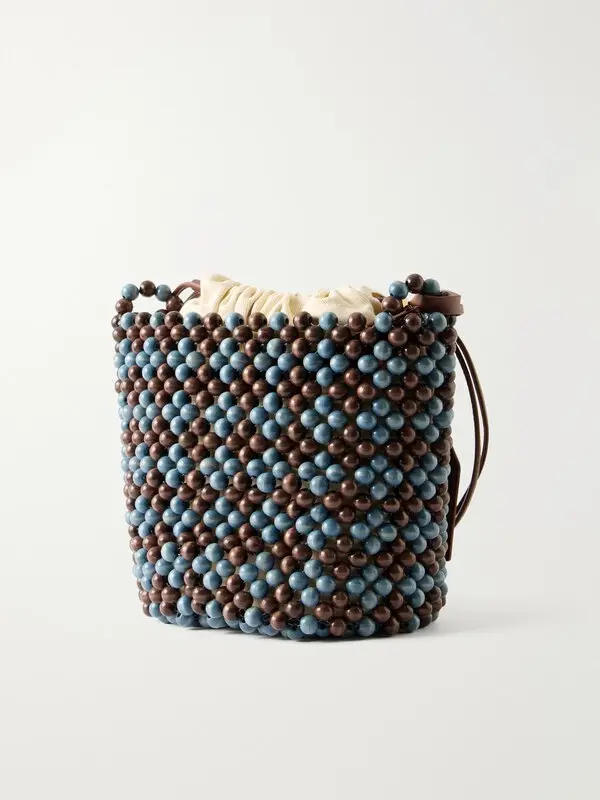 Marni Leather-trimmed Beaded Wood And Canvas Bucket Bag - Brown
