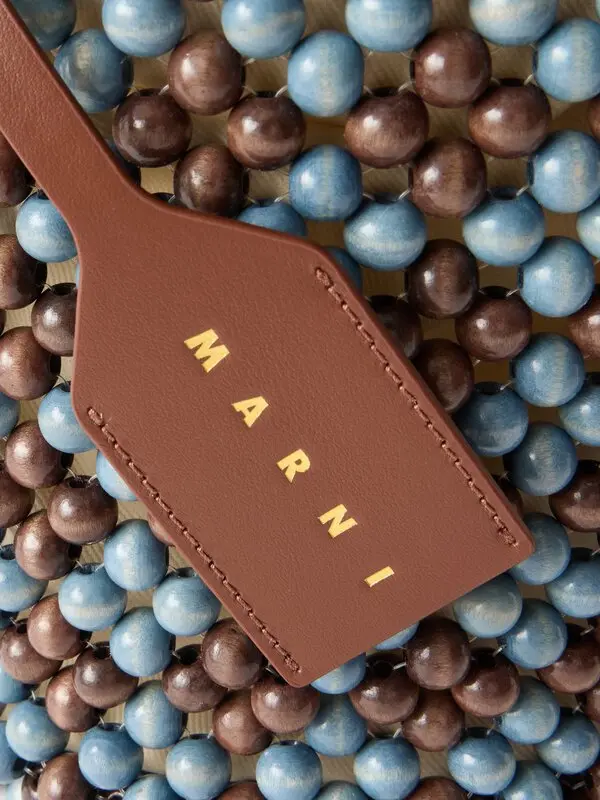 Marni Leather-trimmed Beaded Wood And Canvas Bucket Bag - Brown
