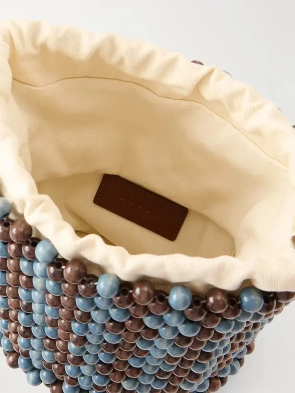 Marni Leather-trimmed Beaded Wood And Canvas Bucket Bag - Brown