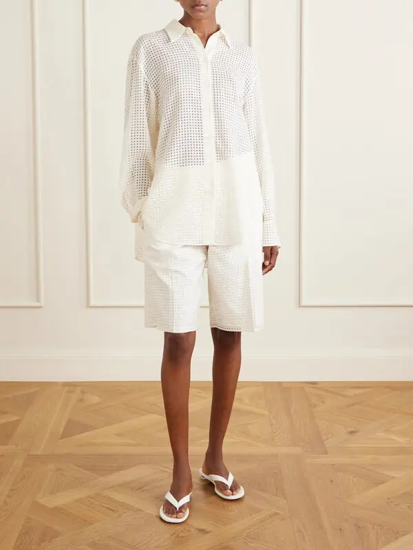 Another Tomorrow Gingham Point D'esprit Wide-leg Bermuda Shorts - Neutrals