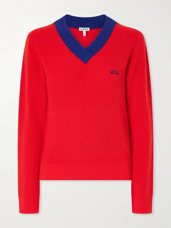 Loewe Anagram Embroidered Ribbed Knit V-neck Sweater - Red