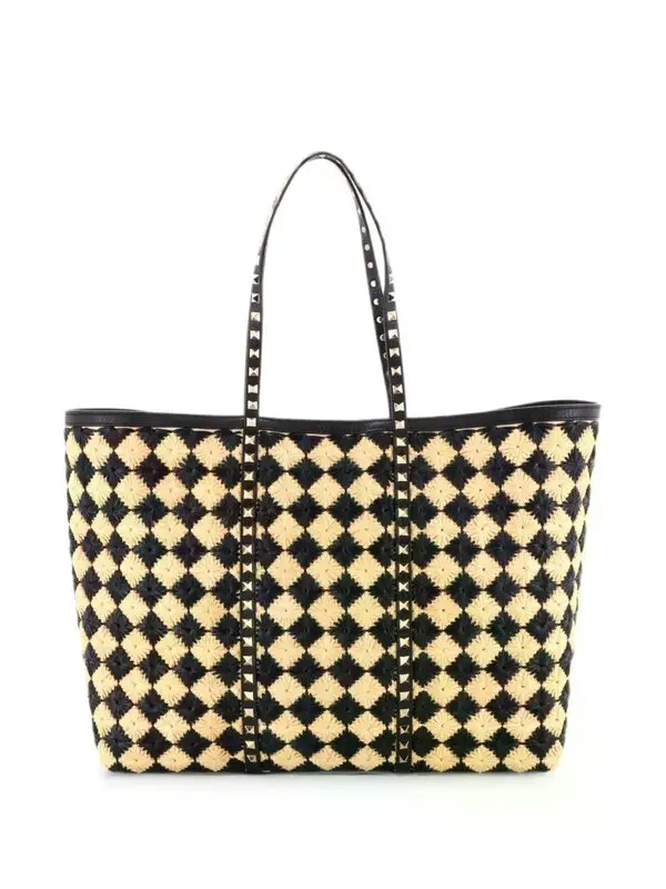 Valentino Garavani Rockstud Shopping Bag Check Embroidered Raffia Large Tote Bag - Black