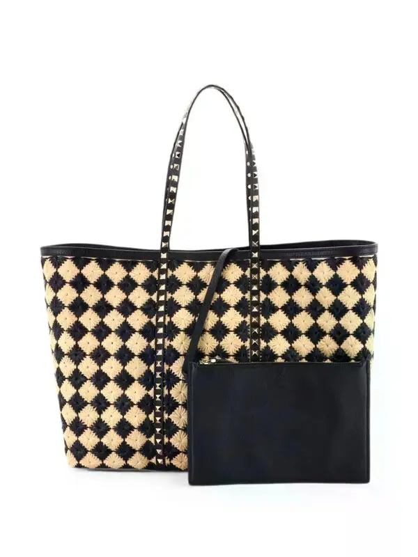 Valentino Garavani Rockstud Shopping Bag Check Embroidered Raffia Large Tote Bag