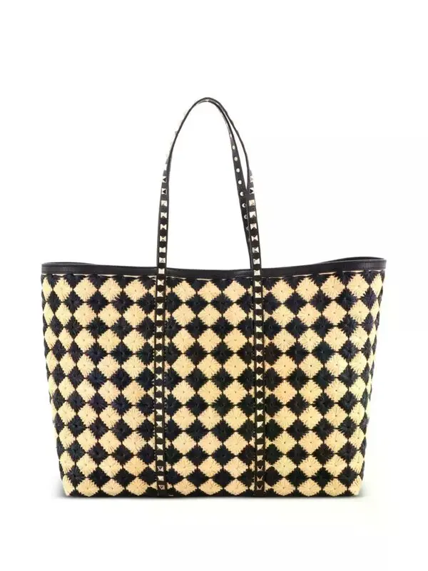 Valentino Garavani Rockstud Shopping Bag Check Embroidered Raffia Large Tote Bag - Black