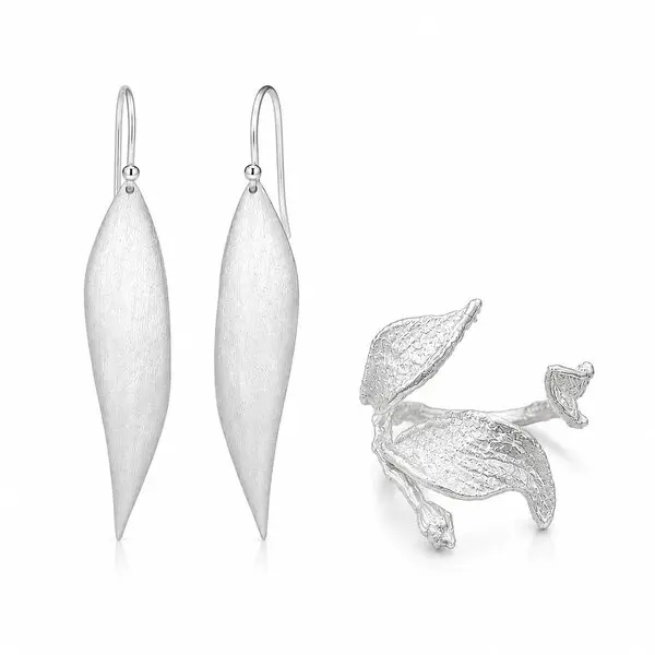 ORMIRO Wind Leaf Sterling Ring & Earrings Jewelry Set - Silver