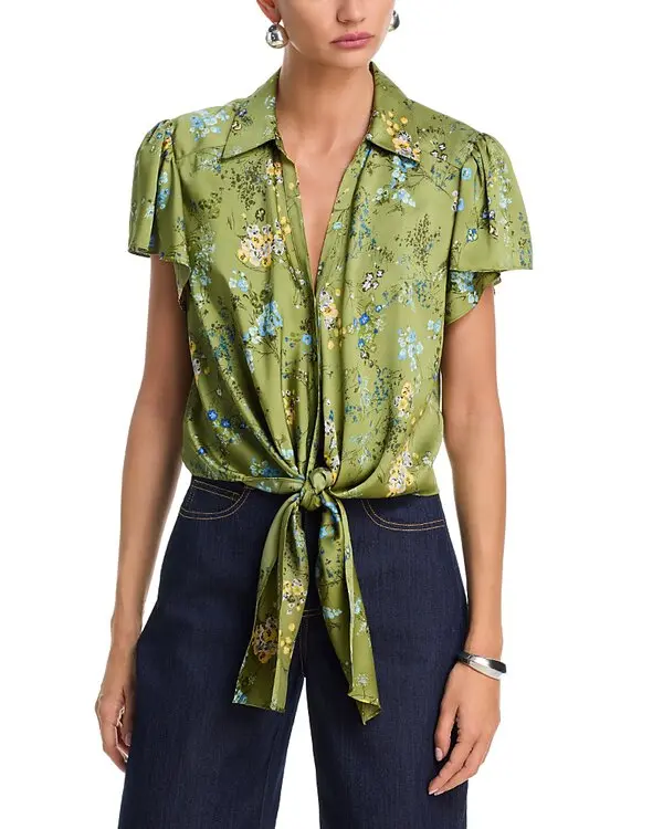 Cinq À Sept Windswept Floral Flutter Sleeve Marianna Top - Iguana Multi