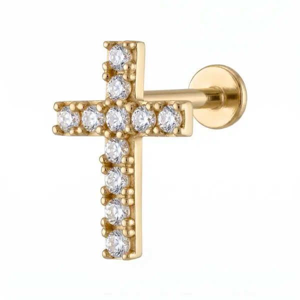 ZAHAV JEWELRY 14k Solid 18g 8mm Cross Shaped Round Cz Internally Threaded Flat Back Stud - Gold
