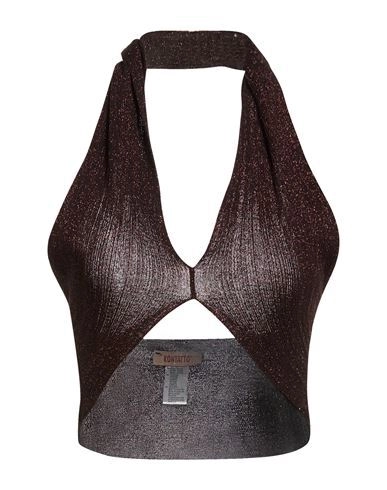 KONTATTO Halter Neck Ribbed Knit Metallic Top - Dark Brown