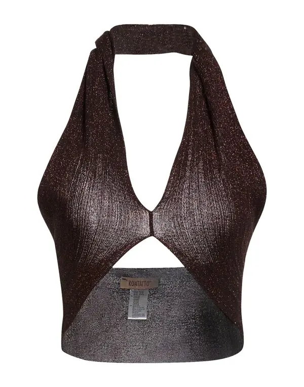 KONTATTO Halter Neck Ribbed Knit Metallic Top - Dark Brown