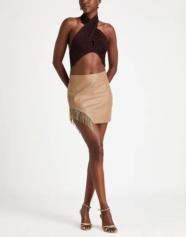 KONTATTO Halter Neck Ribbed Knit Metallic Top - Dark Brown