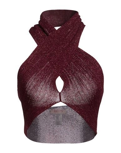 KONTATTO Halter Neck Ribbed Knit Metallic Top - Red