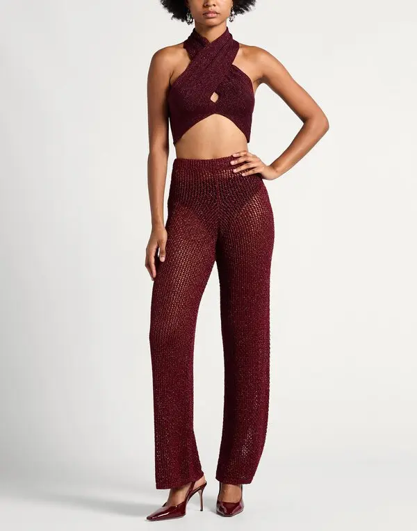 KONTATTO Halter Neck Ribbed Knit Metallic Top - Red