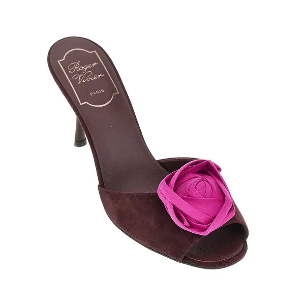 ROGER VIVIER Suede Leather Mules With 3d Rose Detail - Purple
