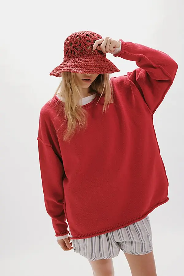 Free People Crochet Straw Bucket Hat - Red