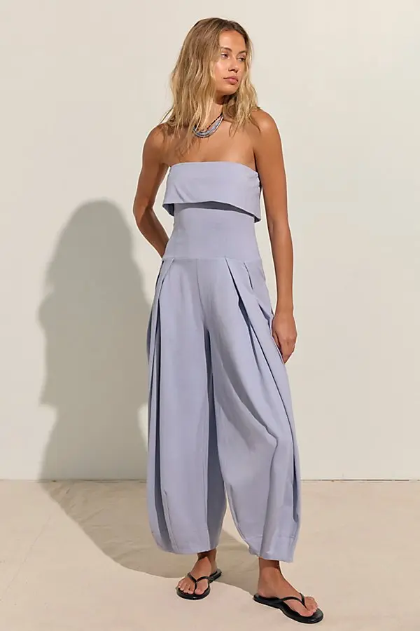 Free People Sonder One-piece Jumpsuit With Foldover Bust And Tapered Pants - Dried Hydrangea