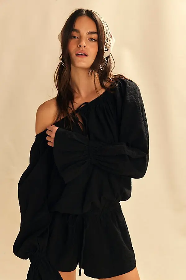 Free People Seersucker Romper With Balloon Sleeves And Drawstring Waist - Black