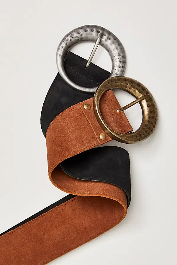Free People Luna Suede Belt With Hammered Buckle - Cognac