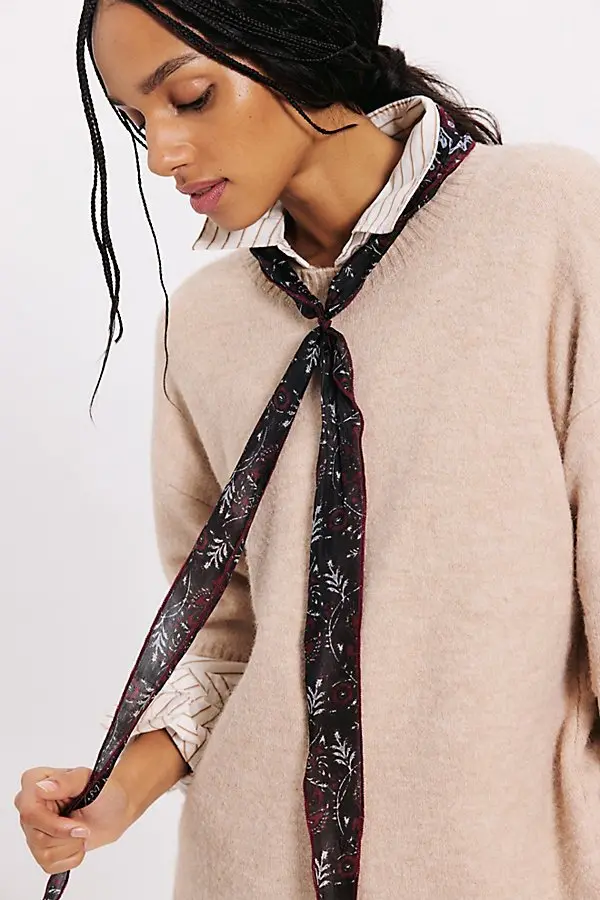 FP COLLECTION Tilly Skinny Silk Convertible Scarf In Floral Print - Plum