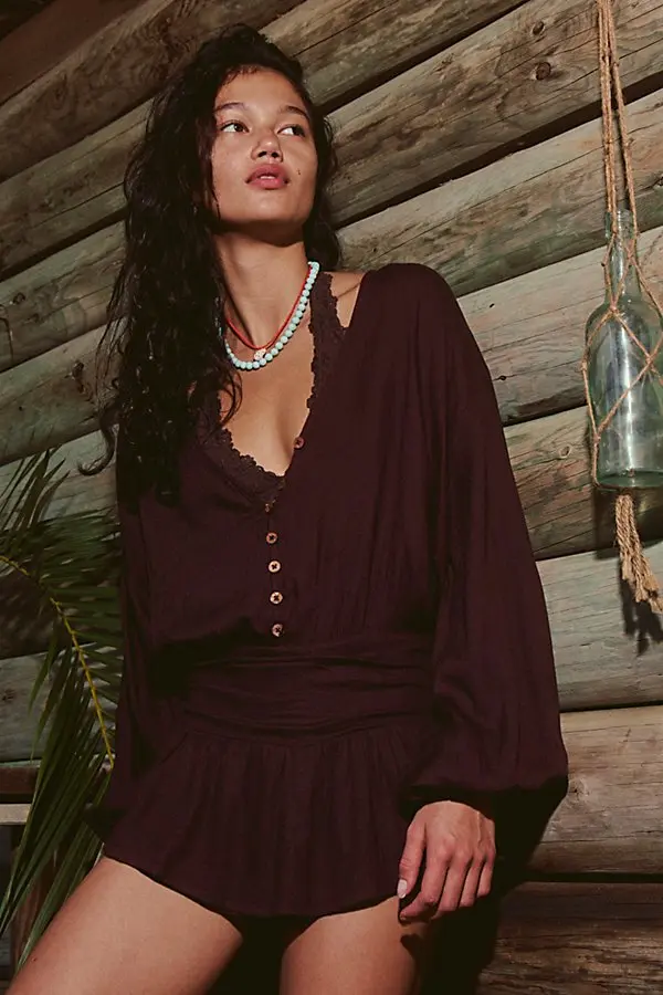 Free People Carson Drop-waist Romper - Hot Fudge
