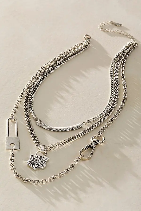 Free People Layered Charm Necklace - Silver Padlock