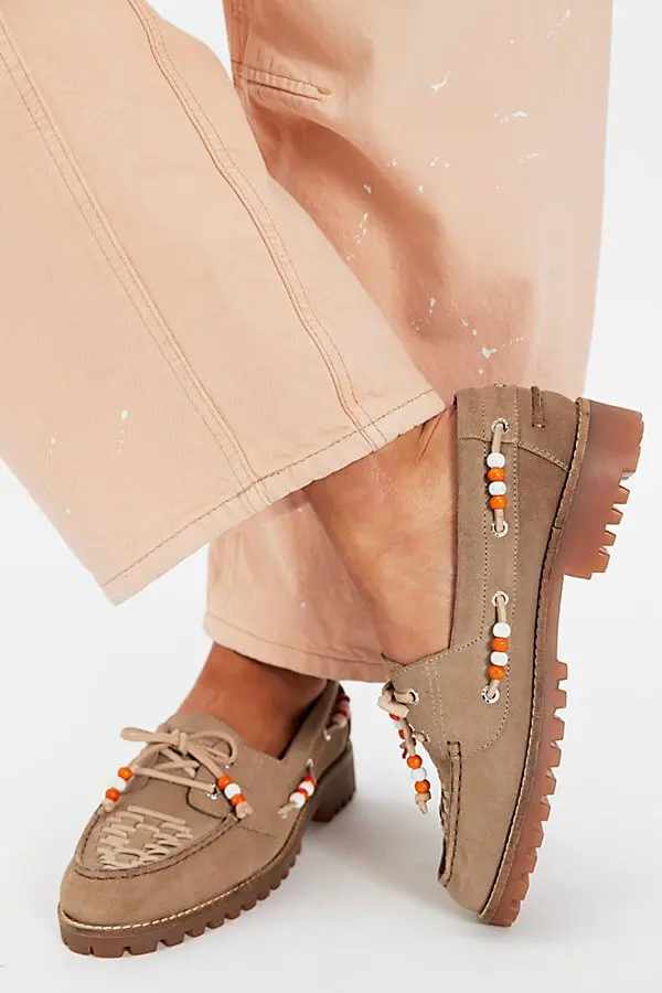 BRONX Embellished Suede Boat Shoes - Sand