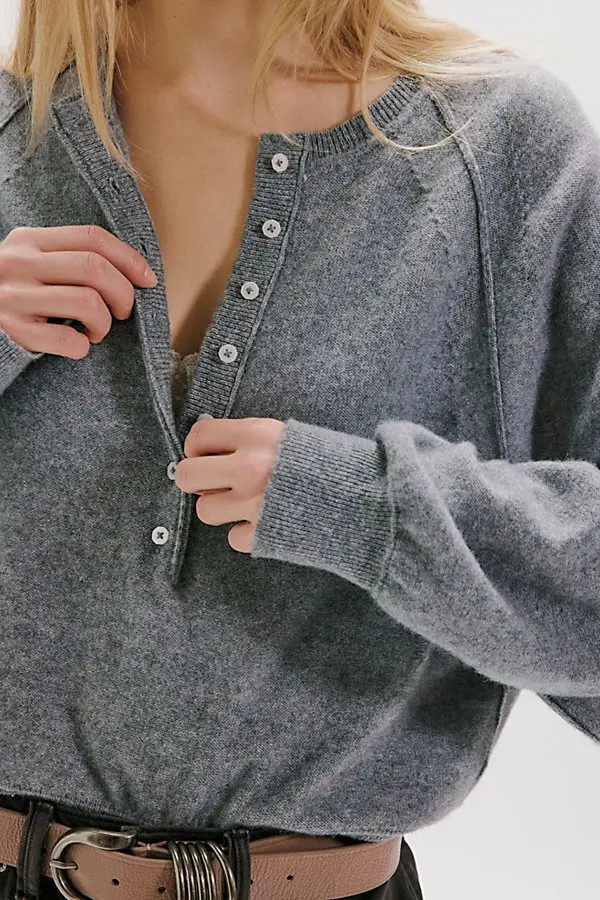 Free People Porta Cashmere Henley Sweater - Cloudy