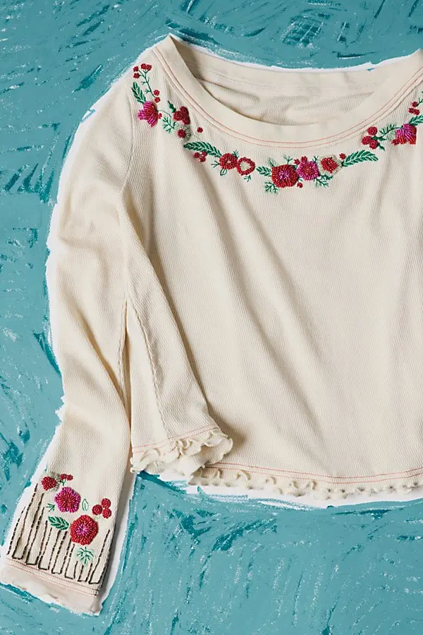 Free People Carter Long Sleeve Top With Embroidery - Tea