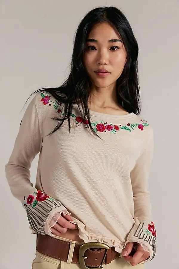 Free People Carter Long Sleeve Top With Embroidery