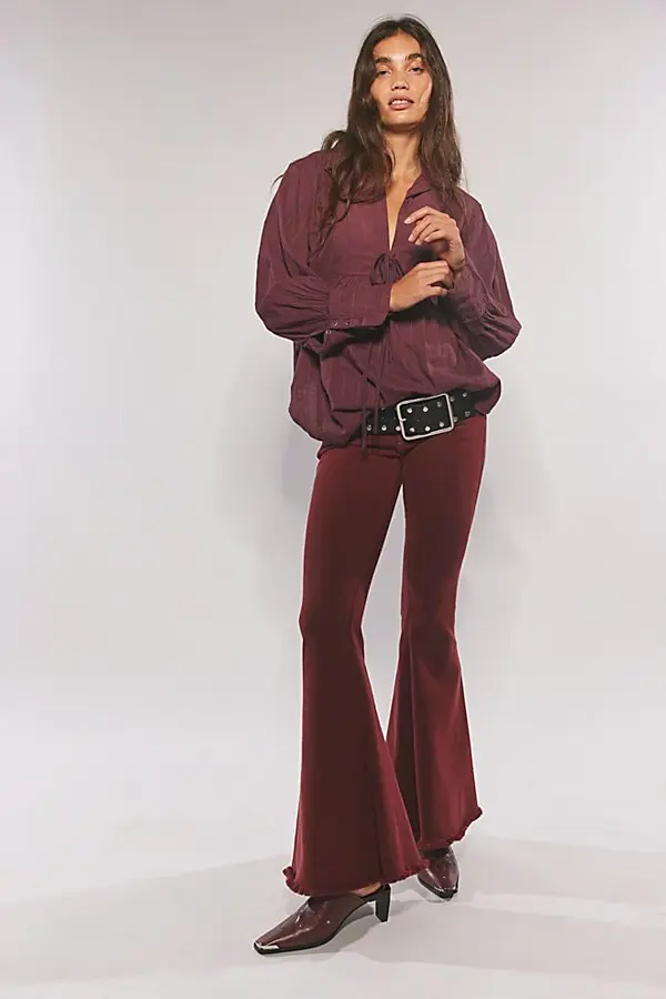 We The Free Textured Pleated V-neck Tie Detail Long Sleeve Shirt