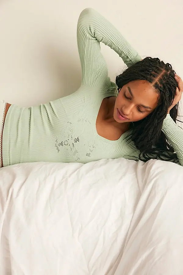 INTIMATELY Ribbed Long Sleeve Top With Lace Detail - Celadon
