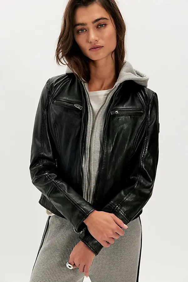 MAURITIUS LEATHER Mauritius Nola Leather Jacket With Removable Fleece Hood