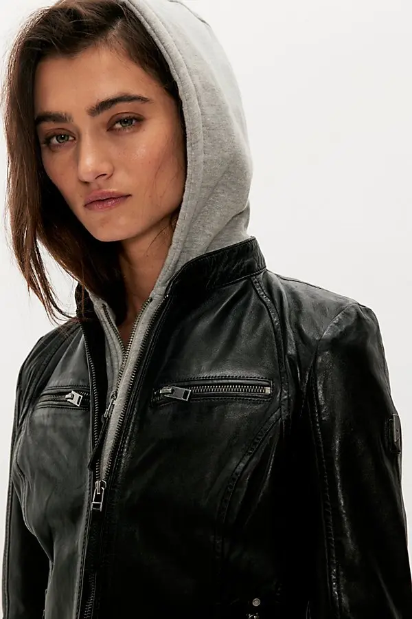 MAURITIUS LEATHER Mauritius Nola Leather Jacket With Removable Fleece Hood