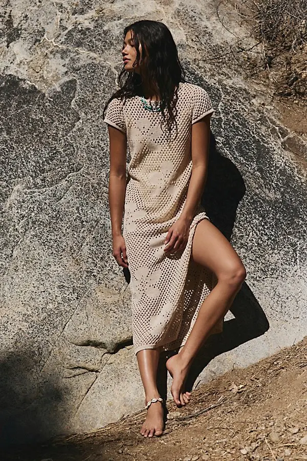 Free People Aloha Cotton-linen Crochet Midi Dress - Natural