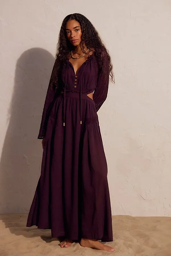 Free People Lacie Maxi Dress With Lace Bell Sleeves And Cut-out Detail - Fudge
