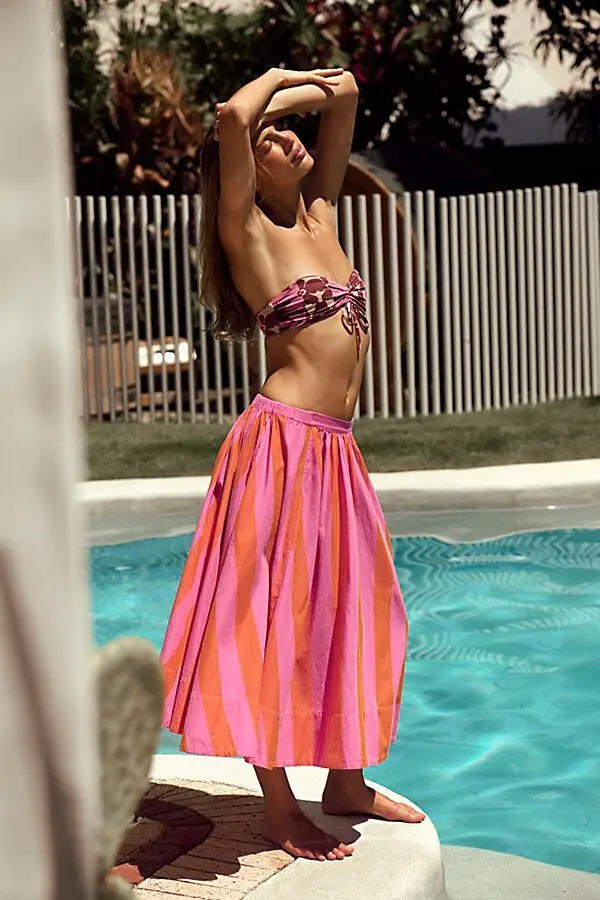 Free People Striped Midi Skirt - Pink Combo