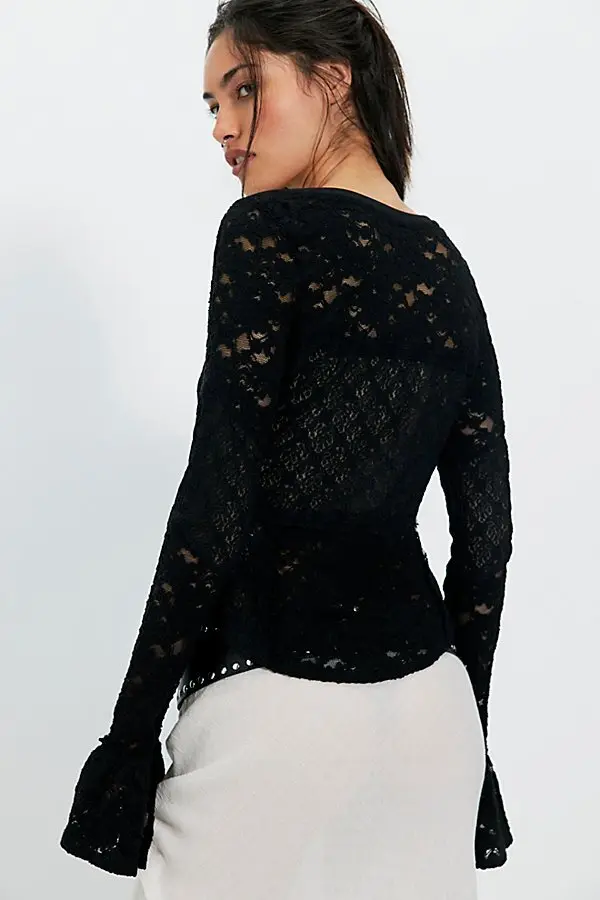 Free People Sheer Lace Flared Long Sleeve Top