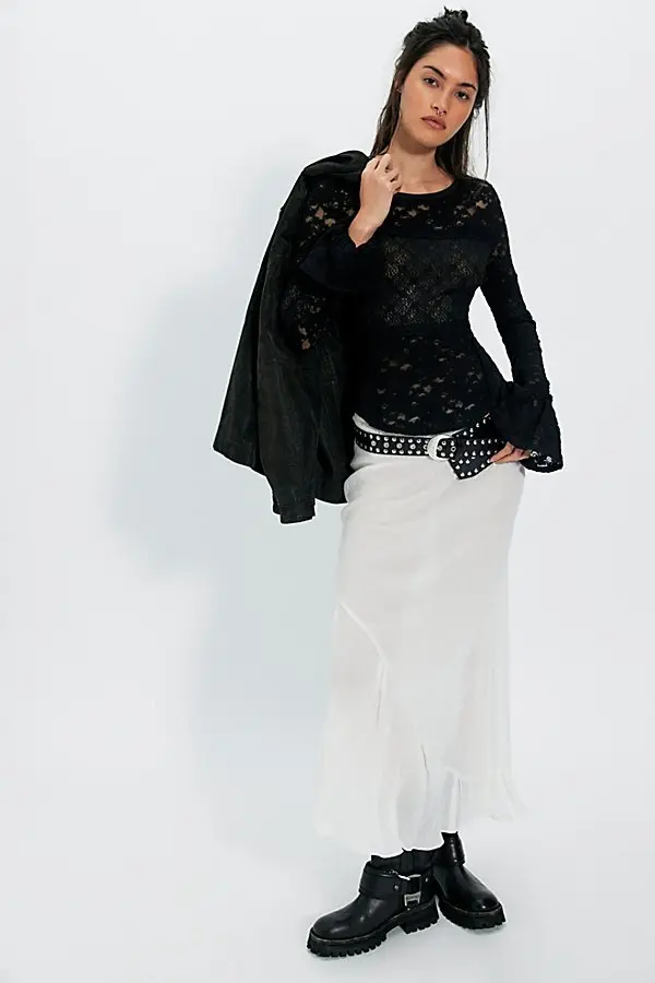 Free People Sheer Lace Flared Long Sleeve Top