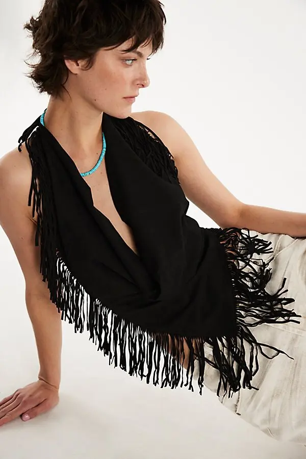 UNDERSTATED LEATHER Madi Fringe Halter Top - Black