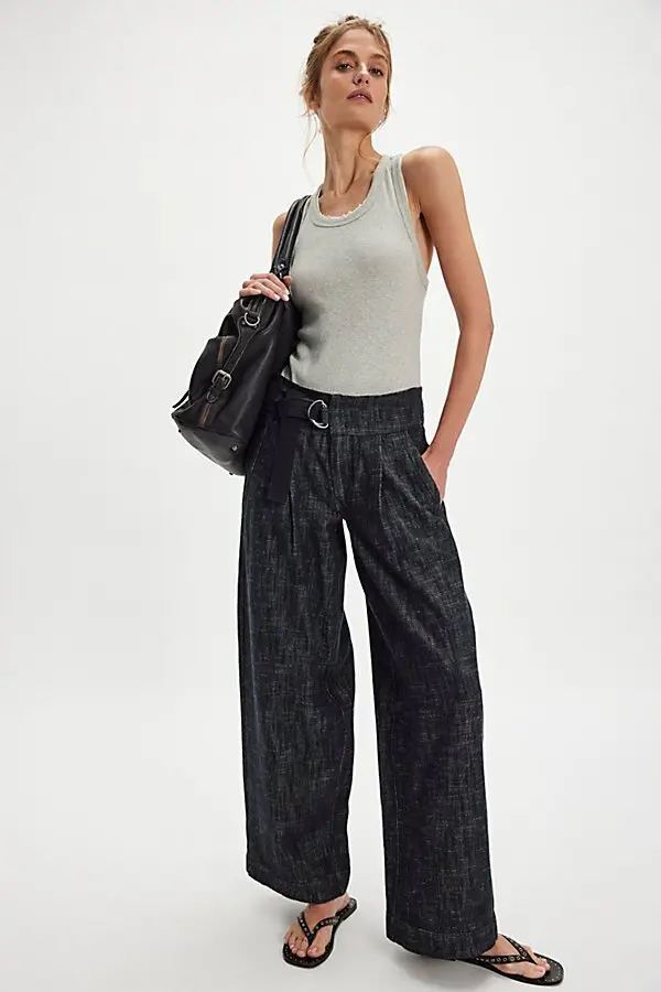 Free People Belted Wide-leg Trousers - Midnight Combo