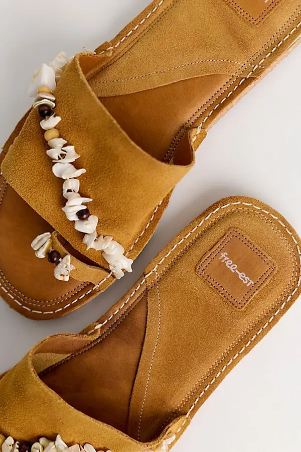 Free People Treasures Toe Ring Slide Sandals With Shell Embellishments - Tan