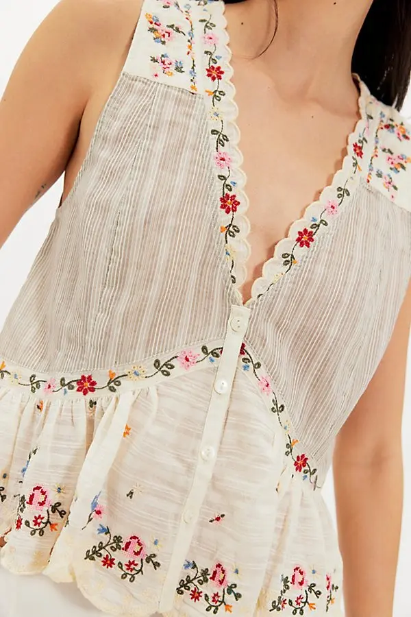 Free People Embroidered Peplum Blouse - Tea Combo